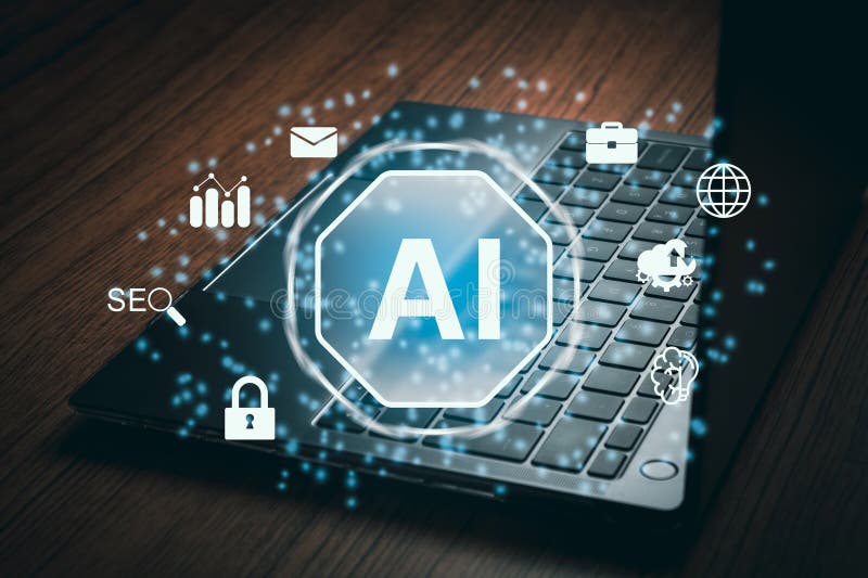 Desktop Photo of Laptop with AI Hologram Interface. Stock Image - Image ...