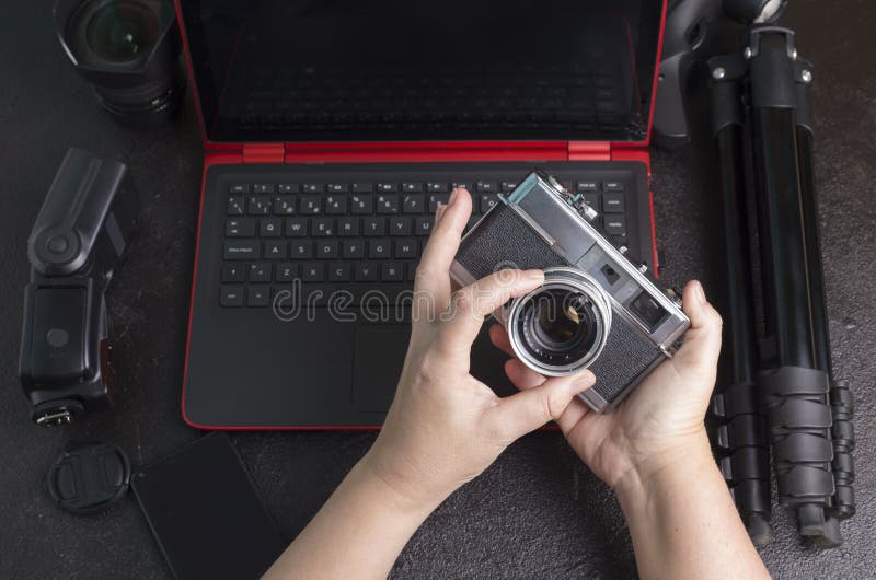 Desktop with Photography Equipment Stock Photo - Image of editor ...