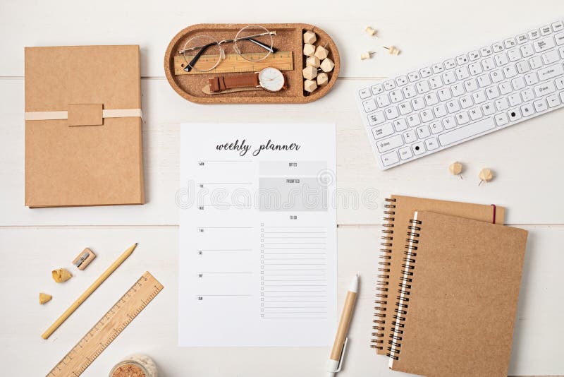 Desktop with Planning Template and Office Accessories Stock Photo ...