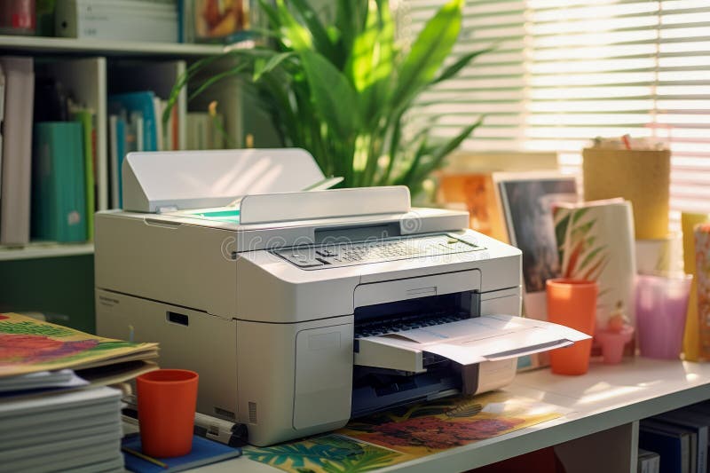 Desktop Printer and Office Equipment in Sunny Room Stock Illustration ...