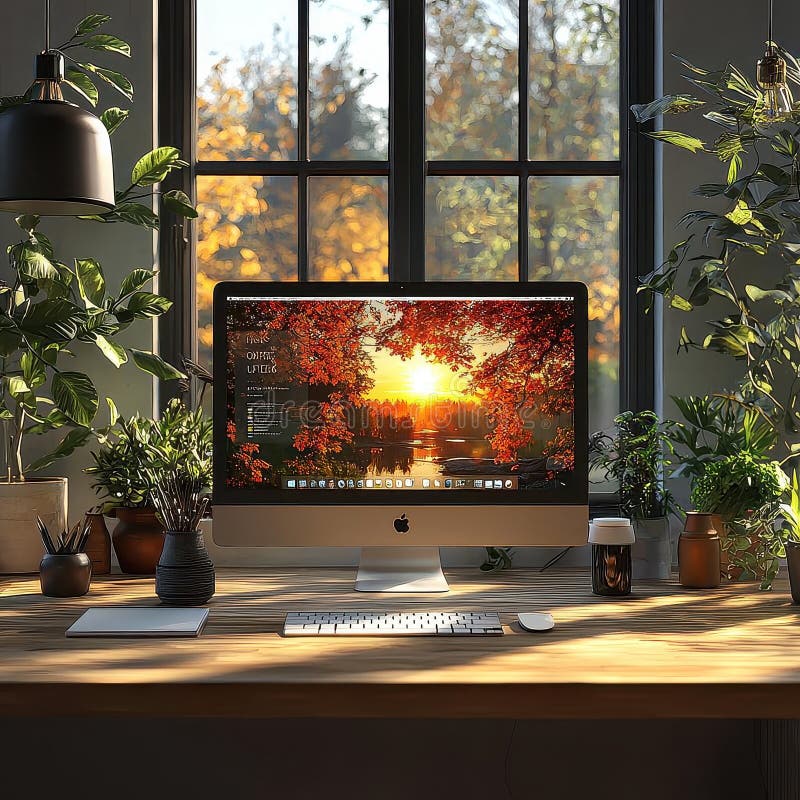 Desktop Setup with Autumnal Scenery on a Computer Screen, Minimalist ...