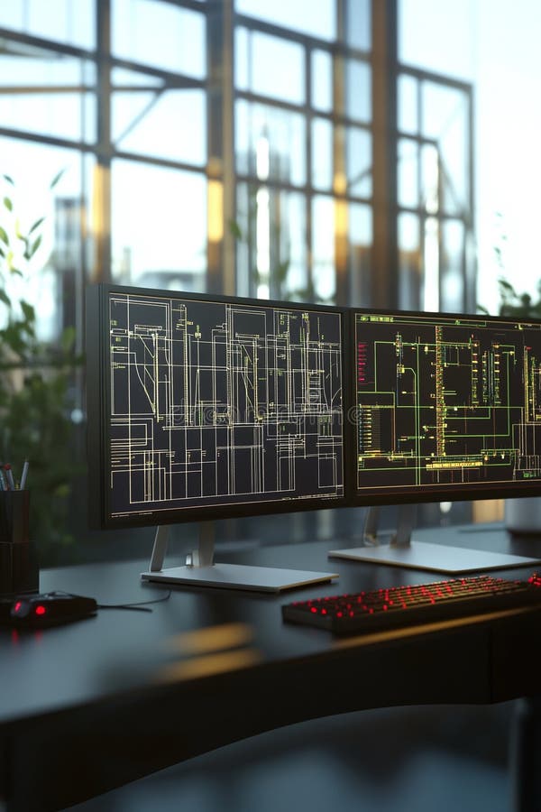 Desktop Setup with CAD Renderings of Electrical Grid Disaster Recovery ...