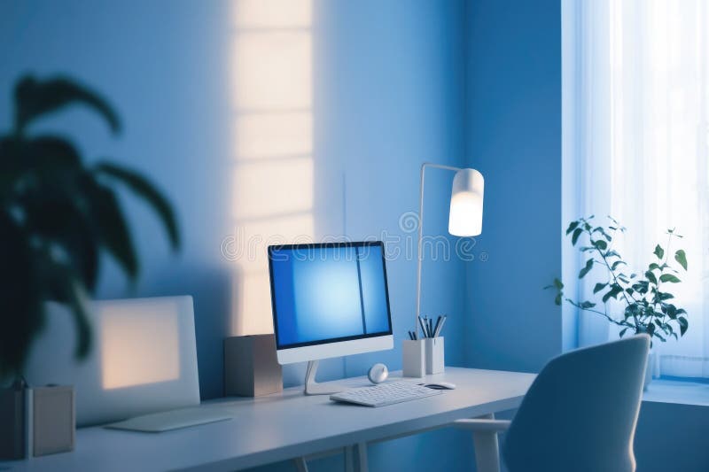 A Desktop Setup with a Computer and Lamp, Ideal for Office or Home Use ...