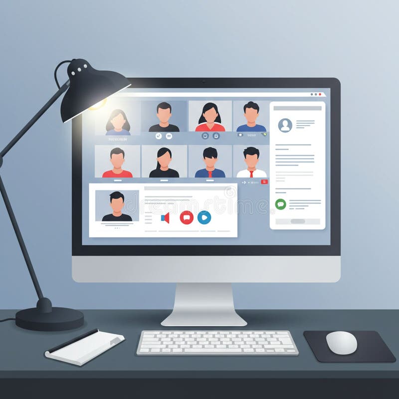 A Desktop Setup Features a Computer Displaying a Virtual Meeting Interface with Stock ...