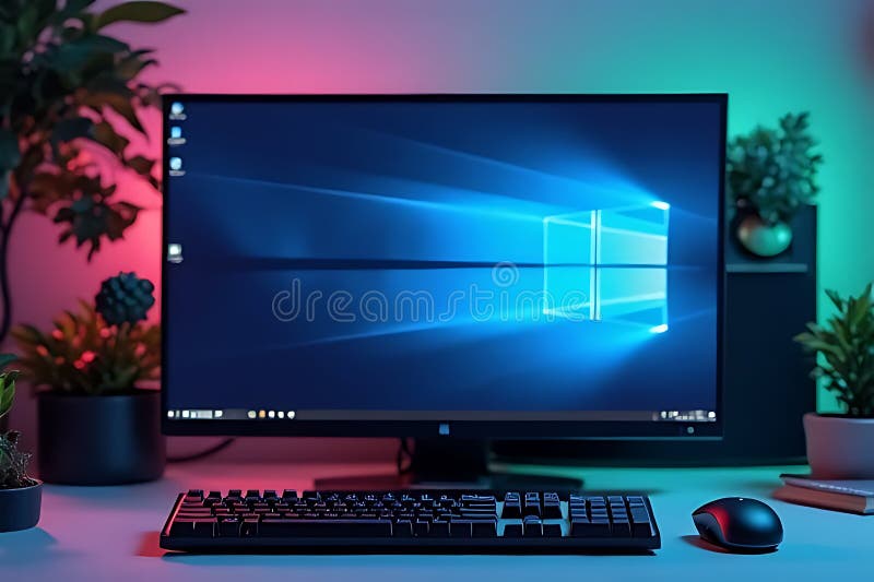 A Desktop Setup Features a Computer, Keyboard, Mouse, and Plants, Lit ...