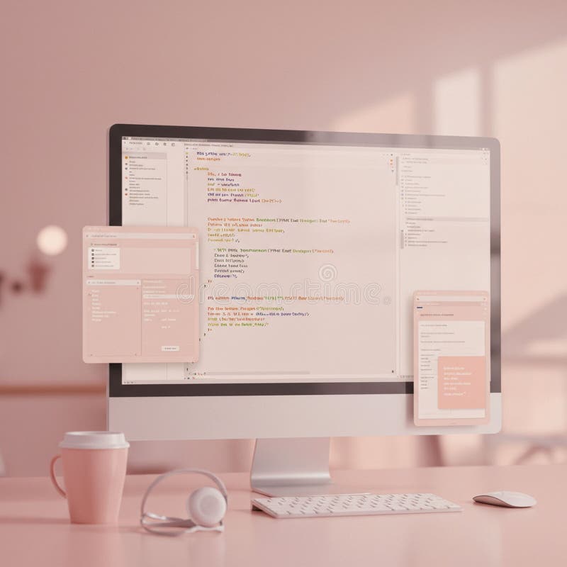 A Desktop Setup with a Large Monitor Displaying Code in a Text Editor. Two Smaller Stock ...