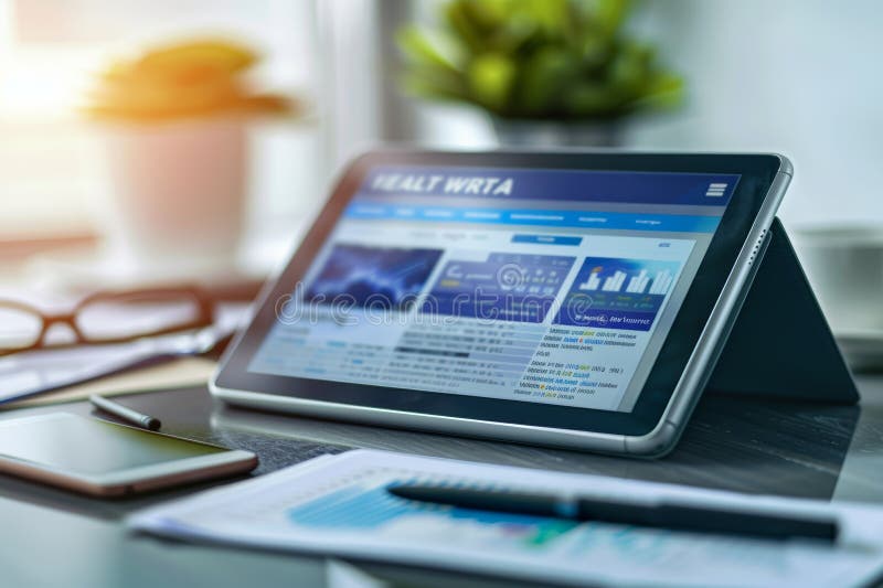 Desktop Setup with Tablet Pc Showing Latest News Headlines on Screen ...