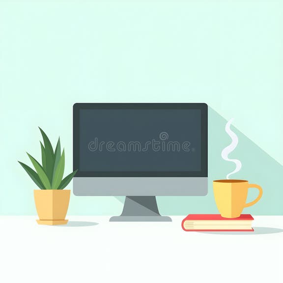 Desktop Setup Vector Illustration with Computer Plant Coffee Cup and ...