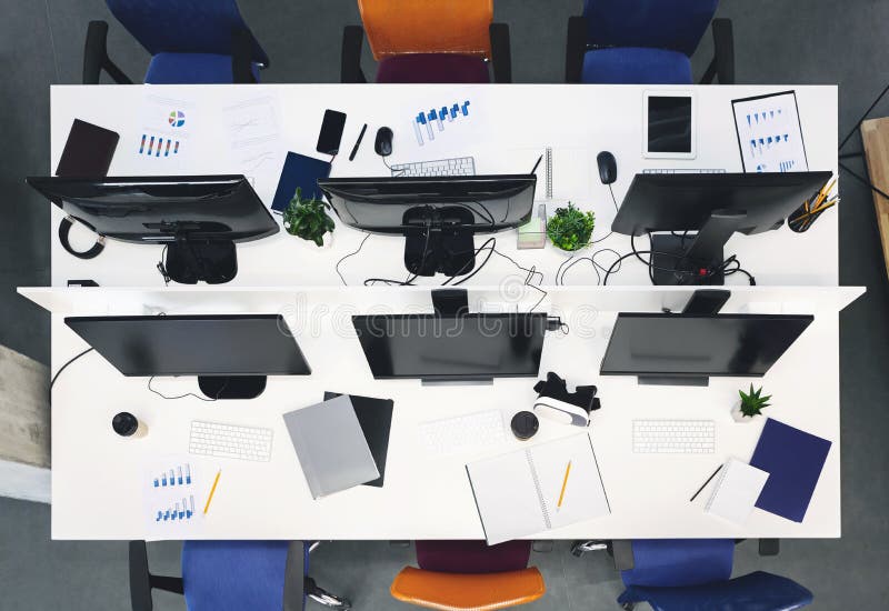 Desktop with Six Computers, Comfortable Coworking Space for Work Stock ...