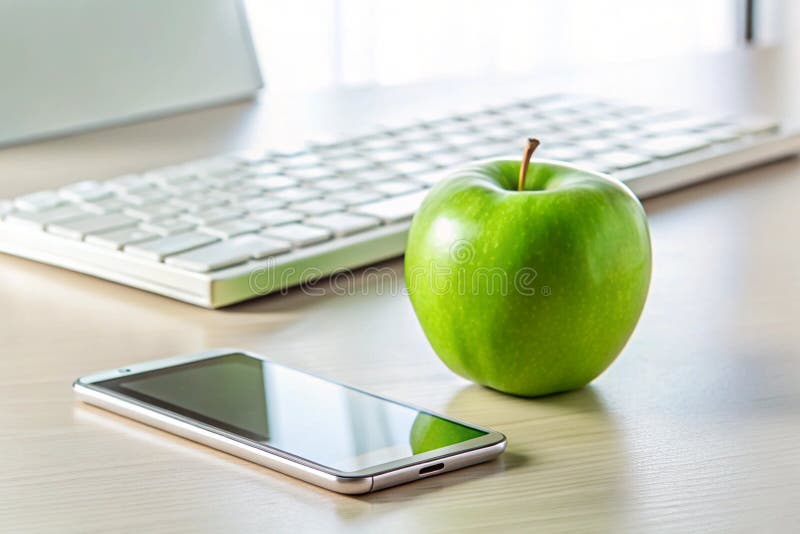 Desktop with Smart Phone and Green Apple Stock Illustration ...
