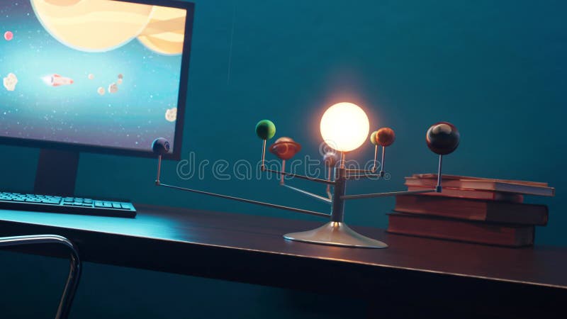 Desktop with Solar System Model and Space - Themed Screen Stock Video ...