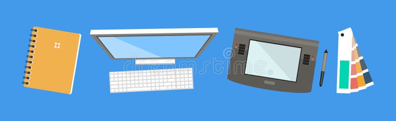 Desktop and Table Office Object and Supply on Blue Background Vector ...