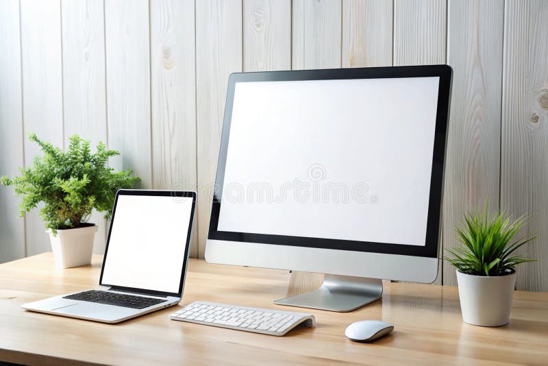 Desktop and Tablet Mockup with Blank Screen on White Table Stock ...