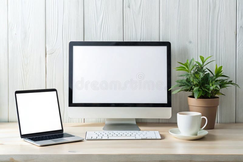 Desktop and Tablet Mockup with Blank Screen on White Table Stock ...