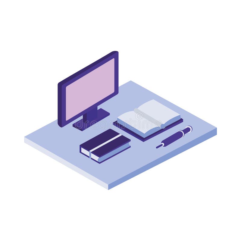 Desktop with Text Books Isometric Icons Stock Vector - Illustration of ...
