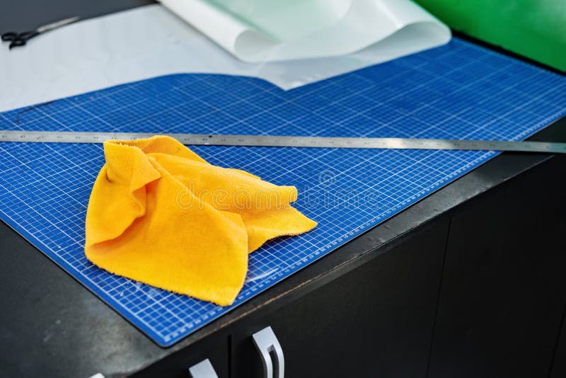 Desktop Top View with Blue Cutting Mat Stock Image - Image of modeling ...