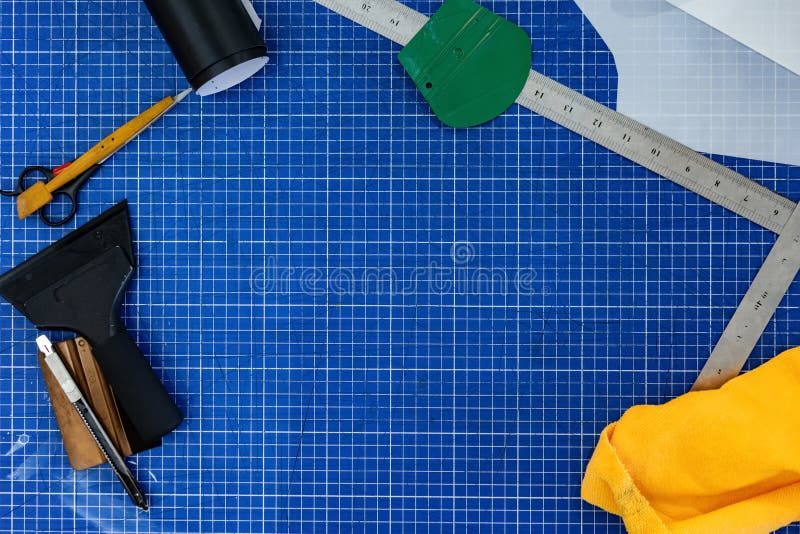 Desktop Top View with Blue Cutting Mat Stock Image - Image of detail ...