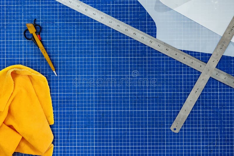 Desktop Top View with Blue Cutting Mat Stock Photo - Image of modeling ...