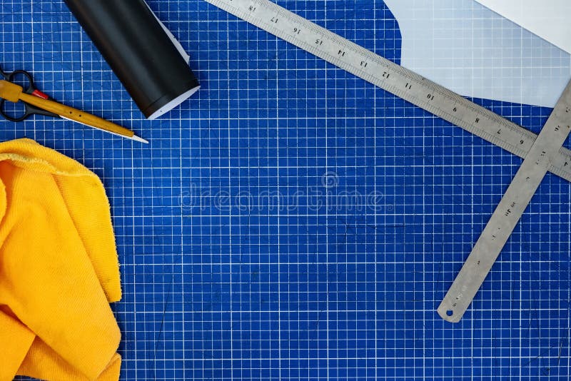 Desktop Top View with Blue Cutting Mat Stock Image - Image of creative ...