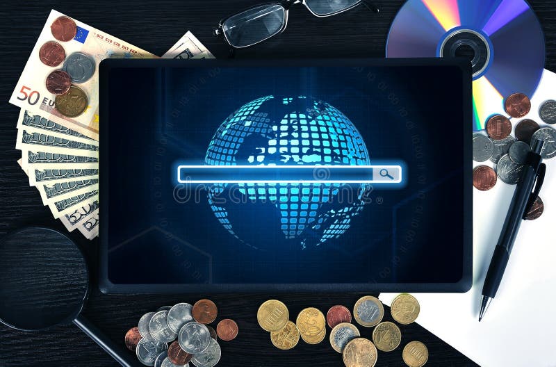 Desktop Top View, Tablet with Digital Earth and Search Line on Digital ...