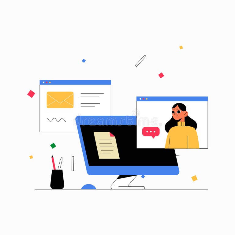Desktop with Virtual Meeting and Email Notifications in Flat Vector ...
