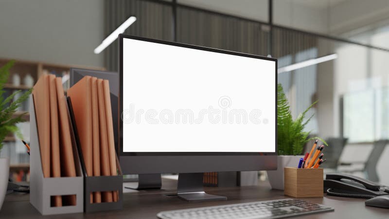 Desktop Website Screen Mockup in Office, 3d Rendering Stock ...