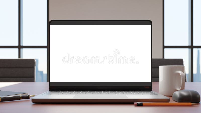 Desktop Website Screen Mockup in Office, 3d Rendering Stock ...