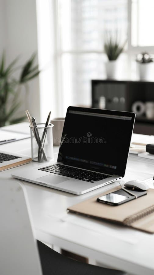 Desktop Workspace with Laptop and Minimalist Stationery Arrangement ...