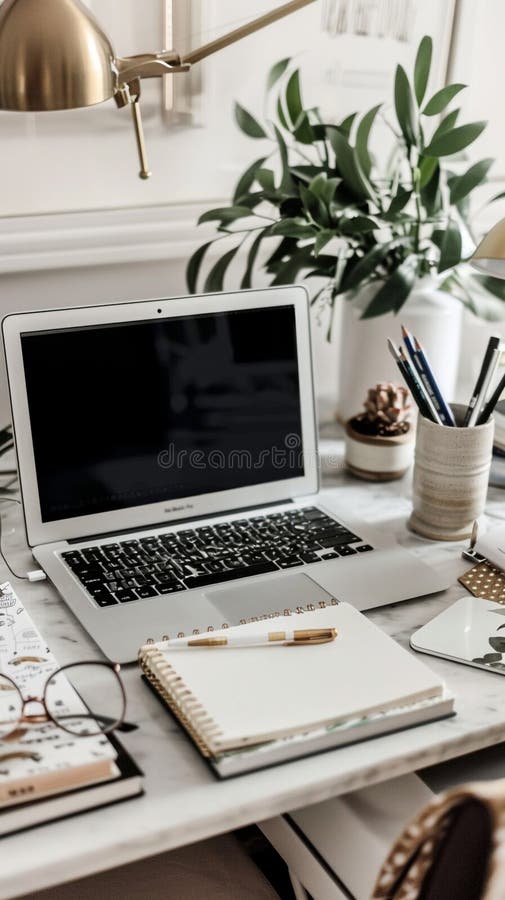 Desktop Workspace with Laptop and Minimalist Stationery Arrangement ...