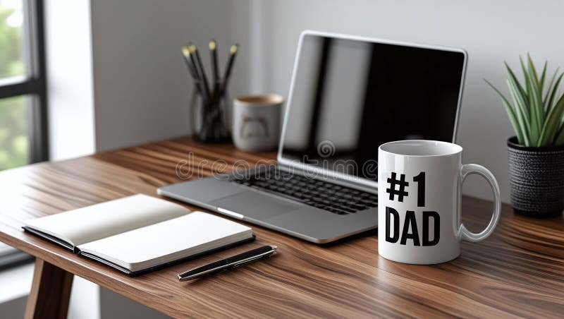 Desktop Workspace with Mug Featuring Number One Dad Text and Laptop ...