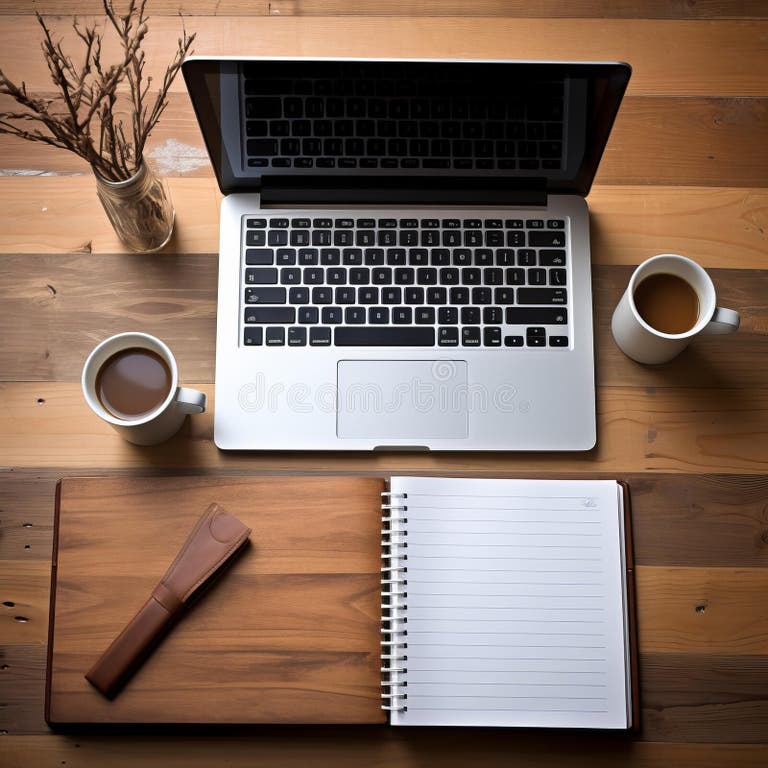 Desktop Workspace with Open Laptop, Coffee, and Notebook Generated ...