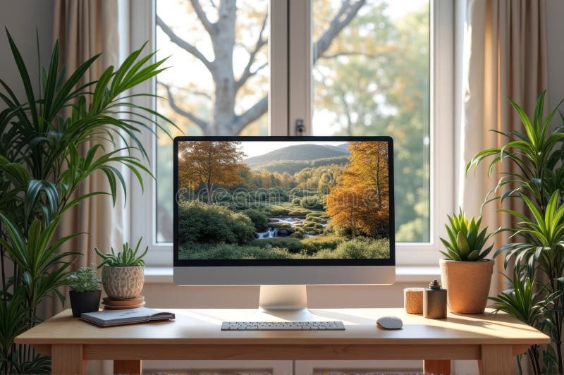 Desktop Workspace with Scenic Nature Image on Monitor in Bright Home ...