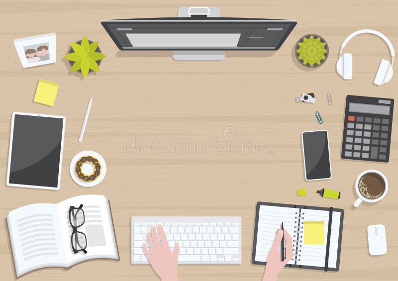 Desktop Workspace Top View with Hands Working Stock Vector ...