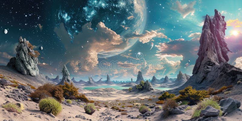 Alien Desert Landscape with Planetary Backdrop. Resplendent. Stock ...