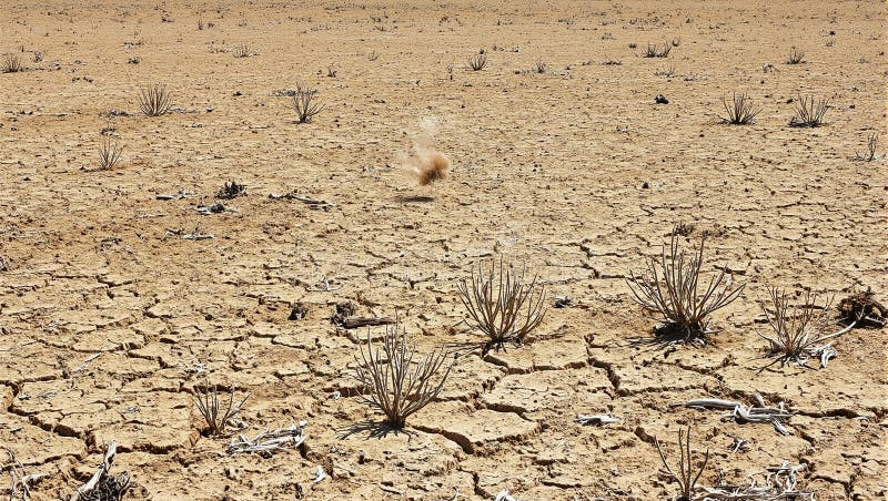 Desolate Arid Desert Scene with Cracked Ground and Drifting Tumbleweed ...