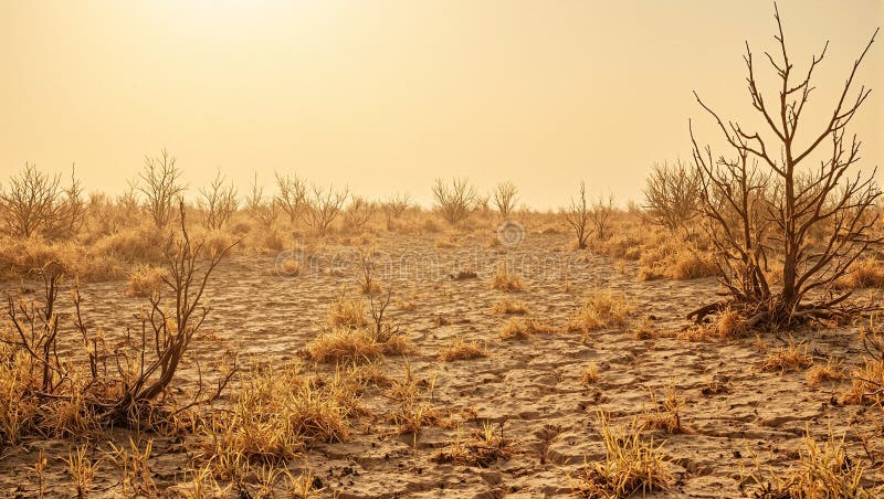 Desolate Arid Landscape with Cracked Dirt Dry Grass and Withered Bushes ...