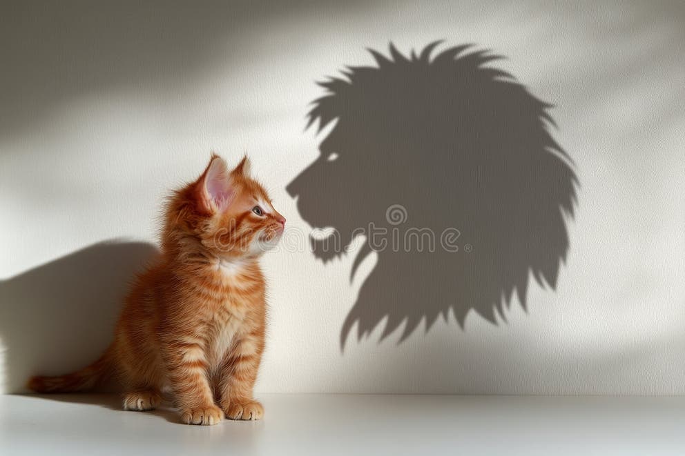 On a Desolate Background, a Kitten Stands with the Dark Shape of a Lion ...
