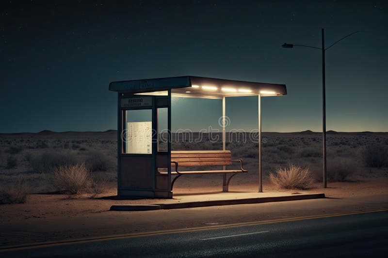 A Desolate Bus Stop, with only a Single Bench and a Dimly Lit Sign, in ...