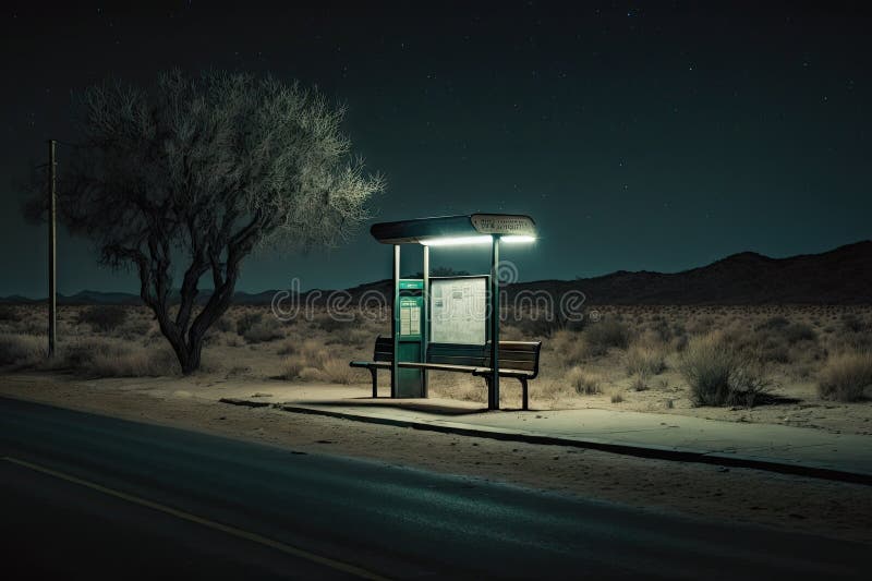 A Desolate Bus Stop, with only a Single Bench and a Dimly Lit Sign, in ...