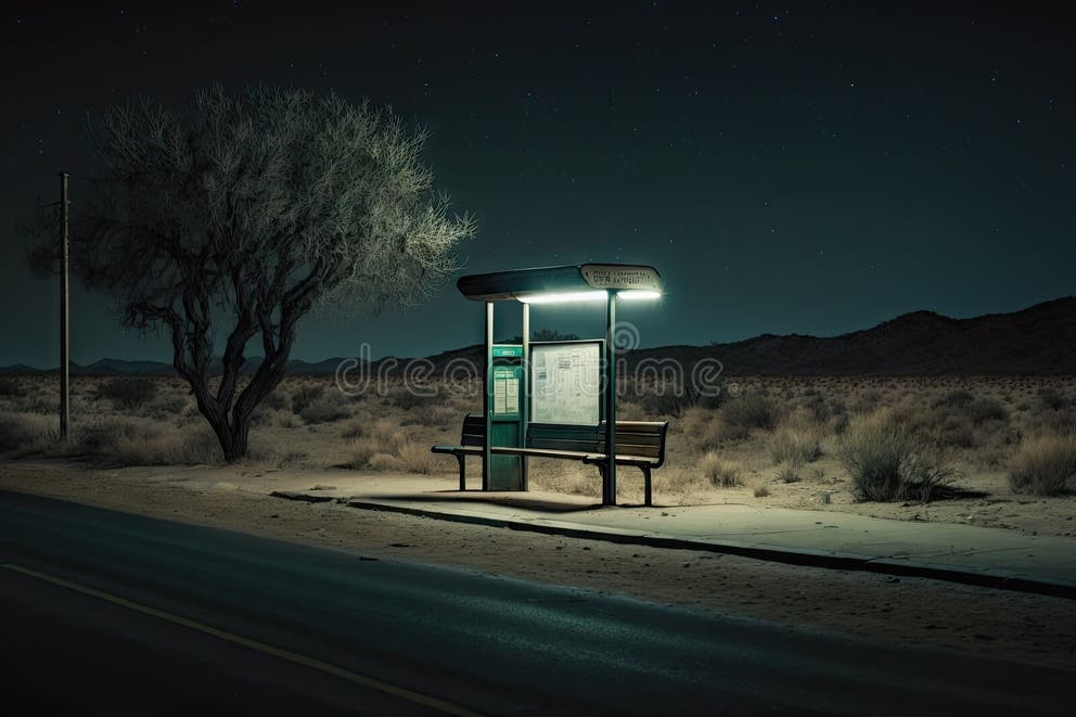A Desolate Bus Stop, with only a Single Bench and a Dimly Lit Sign, in ...