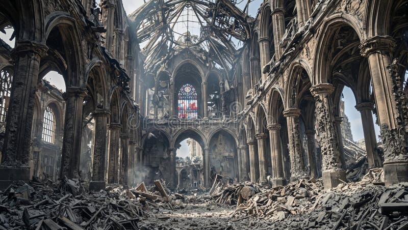 Desolate Cathedral Ruins with Shattered Stained Glass Windows and Ash ...