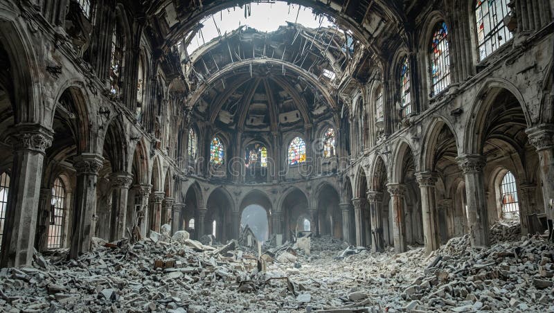 Desolate Cathedral Ruins with Shattered Stained Glass Windows and Ash ...