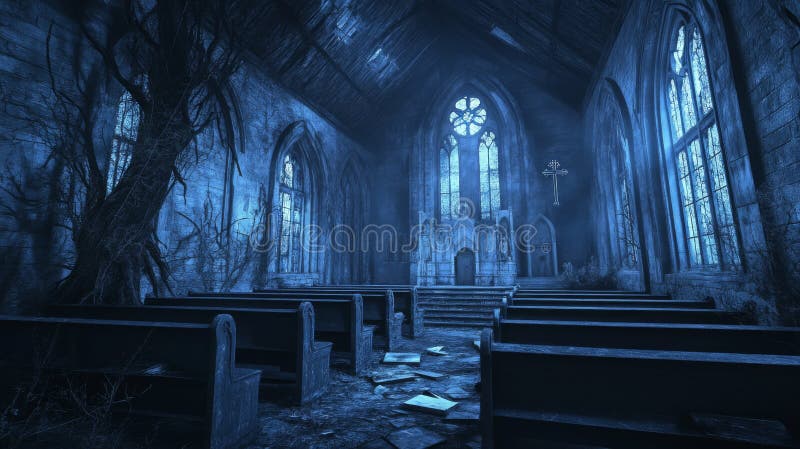 A Desolate Church Interior Bathed in Moonlight Stock Illustration ...