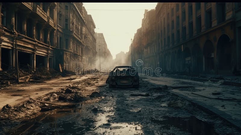Desolate City Street after Catastrophe. Post-Apocalyptic Scene for ...