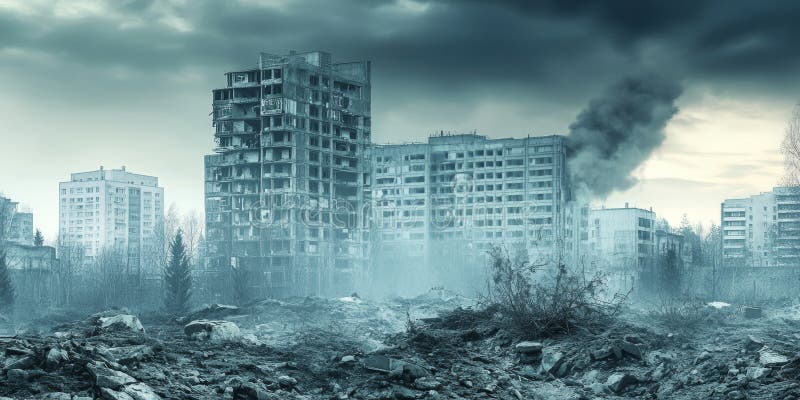 A Desolate Cityscape with Smoke Rising from a Building Stock ...