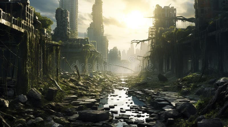 Desolate Cityscape Surrounded by Lush Greenery and Rocky Terrain, AI ...