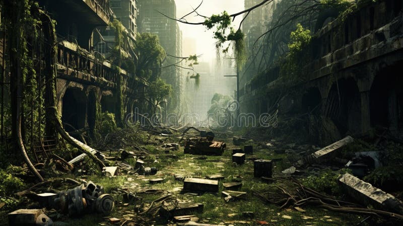 Desolate Cityscape Surrounded by Lush Greenery and Rocky Terrain, AI ...