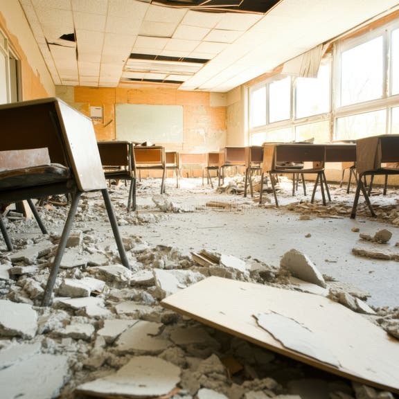 Destroyed Classroom stock illustration. Illustration of plaster - 366268932