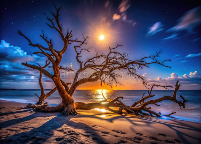 A Desolate Coastal Night Windswept Branches Frame a Moonlit Shore in ...