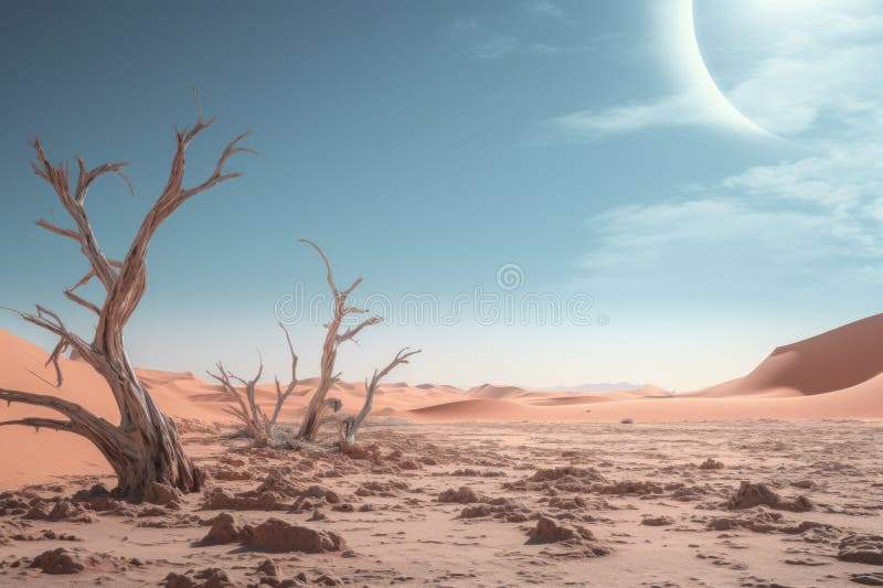 Desolate Desert Landscape with Dried Trees Stock Photo - Image of ...
